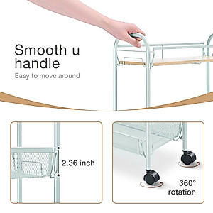 KINGRACK 4-Tier Slim Rolling Cart with Wooden Tabletop, Metal Utility Cart, Easy Assemble Slide Out Narrow Storage Cart for Narrow Space Kitchen Bathroom Laundry Room, Green