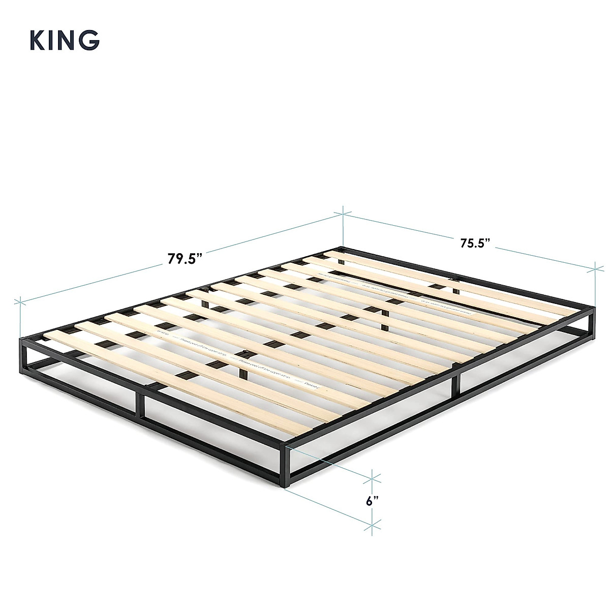 Mellow Modernista Low Profile 6 Inch Metal Platform Bed Frame with Classic Wooden Slat Support Mattress Foundation (No Box Spring Needed), King, Black