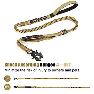 Raipult Heavy Duty Tactical Bungee Dog Leash, 4-6FT No Pull Dog Leash with Quick Release Carabiner, Reflective Shock Absorbing Leashes with Car Seatbelt for Medium Large Dogs,Khaki