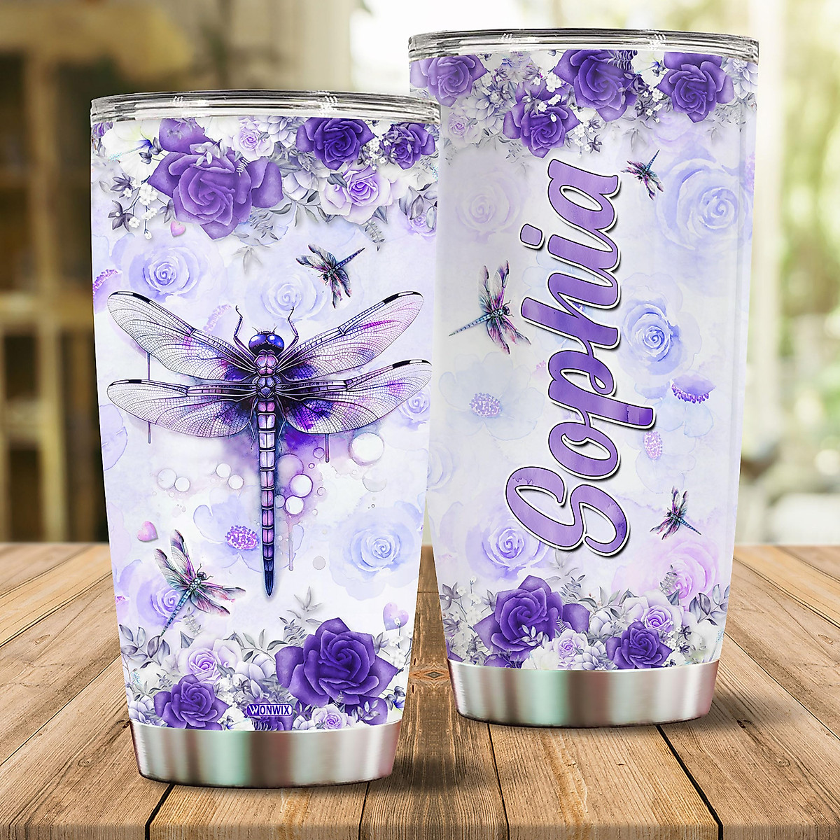 WONWIX Personalized Dragonfly Coffee Mug Cups Gifts For Women Unique Mom, Purple Dragonflies Water Bottle Mothers Day Birthday Christmas Valentine 20oz Stainless Steel Thermos Tumbler Cup With Lid