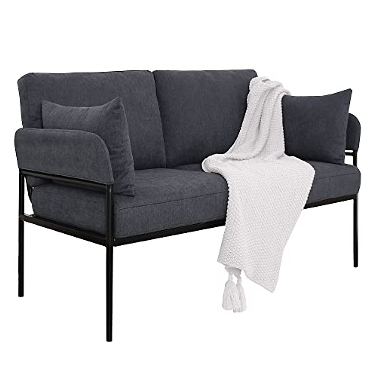 JULYFOX 59 in Wide Sofa Gray, Overstuffed Linen Fabric Couch Metal Frame 400 lbs Heavy Duty Tufted Loveseat Sofa for Small Spaces 2 Toss Pillows Included