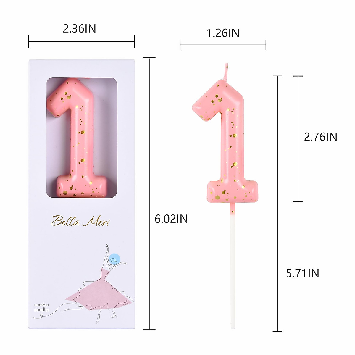 Bella Meri 2.76 Inch Classical Pink Gold 1 Number Birthday Candles, Gold Number Candles, Cake Number Candles, Party Celebration