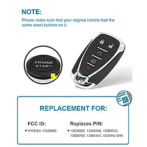 Keyless Entry Remote Car Key Fob for Chevy Malibu 2016-2021, Chevy Cruze 2016-2019, Chevy Camaro 2016-2021, 433MHz ID46 Chip 5 Button, HYQ4EA 13529662
