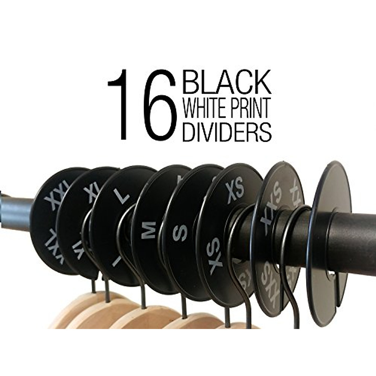 NAHANCO CBWKIT3, Black Round Clothing Rack Size Dividers, White Print for Home or Clothing Store, XXS-XXL, Kit of 16 (7 Sizes and Blank, 2 pcs. Each)