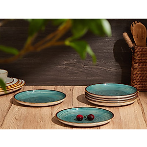 ONEMORE 30 oz Pasta Bowls and 8.5 inch Salad Plates Bundle - Microwave, Oven and Dishwasher Safe - Teal