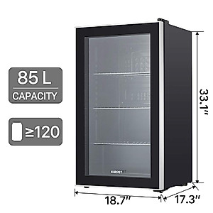 KUPPET 120-Can Beverage Cooler and Refrigerator, Small Mini Fridge for Home, Office or Bar with Glass Door, Perfect for Soda Beer or Wine, Black&Stainless Steel, 3.1 Cu.Ft