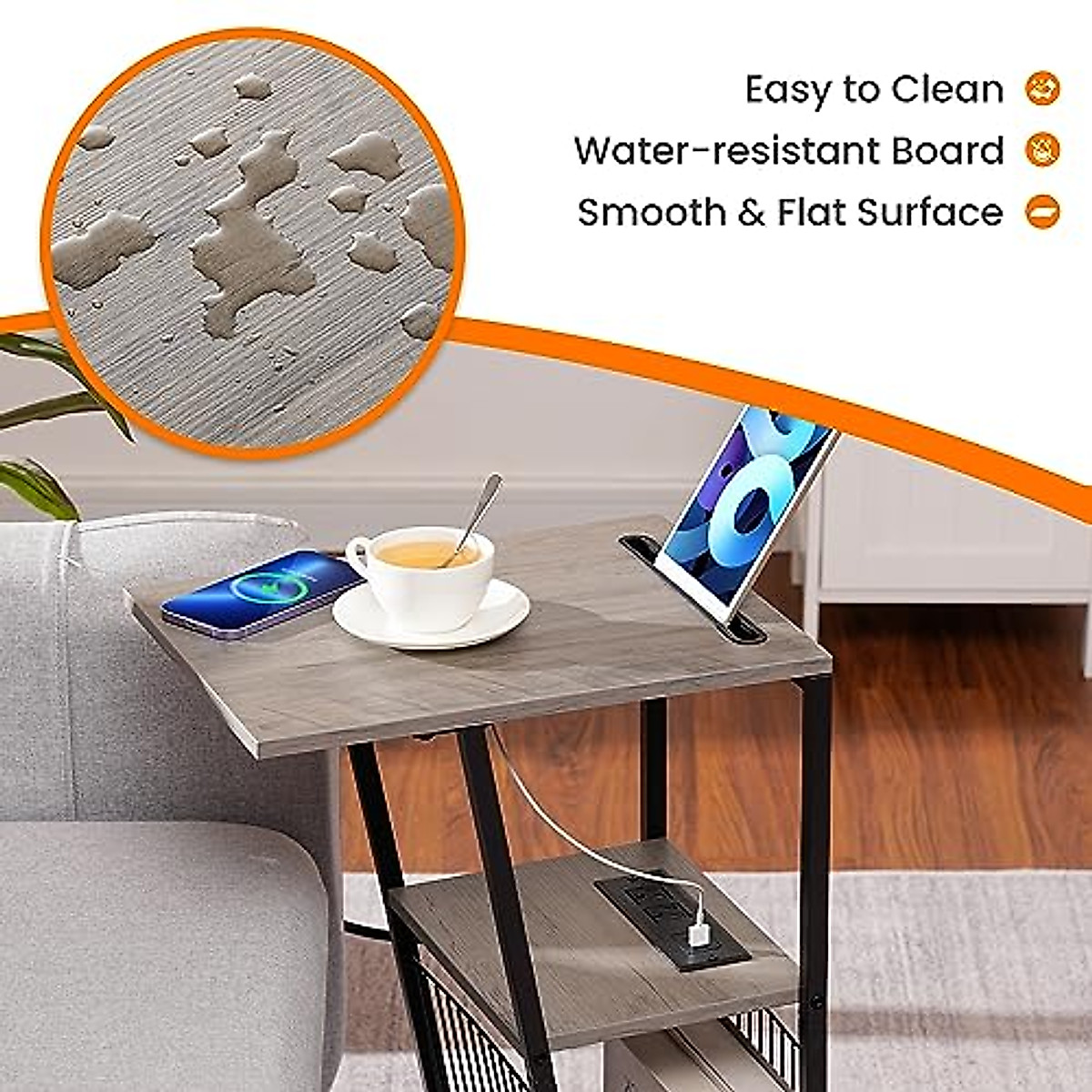 Heybly Side Table C Shaped Nightstand End Sofa Table with Charging Station, Phone Holder, 2 USB Ports and Power Outlets, Snack Couch Tables for Small Spaces, Greige and Black HET001CSG1