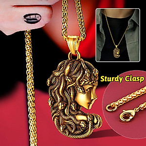 FaithHeart Womens Medusa Snake Necklace Gold Plated Greek Culture Jewelry Goth Snake Head Pendant Neck Charms for Male