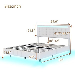 Goujxcy Queen Size Floating Bed Frame with LED Lights and USB Charging, Modern Upholstered Platform LED Bed Frame with Button Tufted Headboard (White 1+PU)