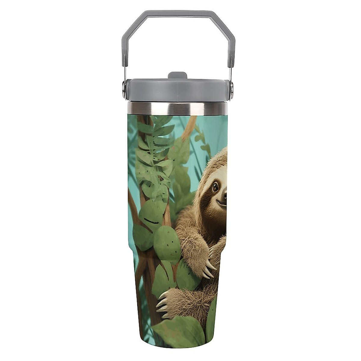 30oz Stainless Steel Insulated Tumbler with Flip Lid & Straw, Leakproof Travel Mug for Car, Hug Tree Sloth Double Wall Vacuum Thermal Coffee Cup with Handle, Spill-Proof Design for Hot/Cold Drinks