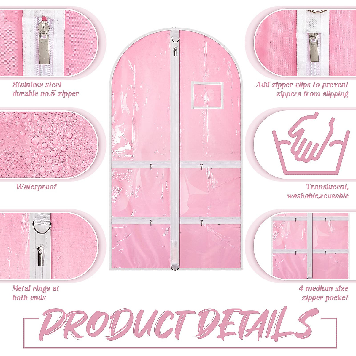 6 Pcs Kids Dance Costume Garment Bag Garment Bags for Hanging Clothes Clear Garment Bags Dance Garment Bags for Dancers with 5 Zipper Pockets Closet Hanging Clothes Cover (Pink,37 x 21 Inch)