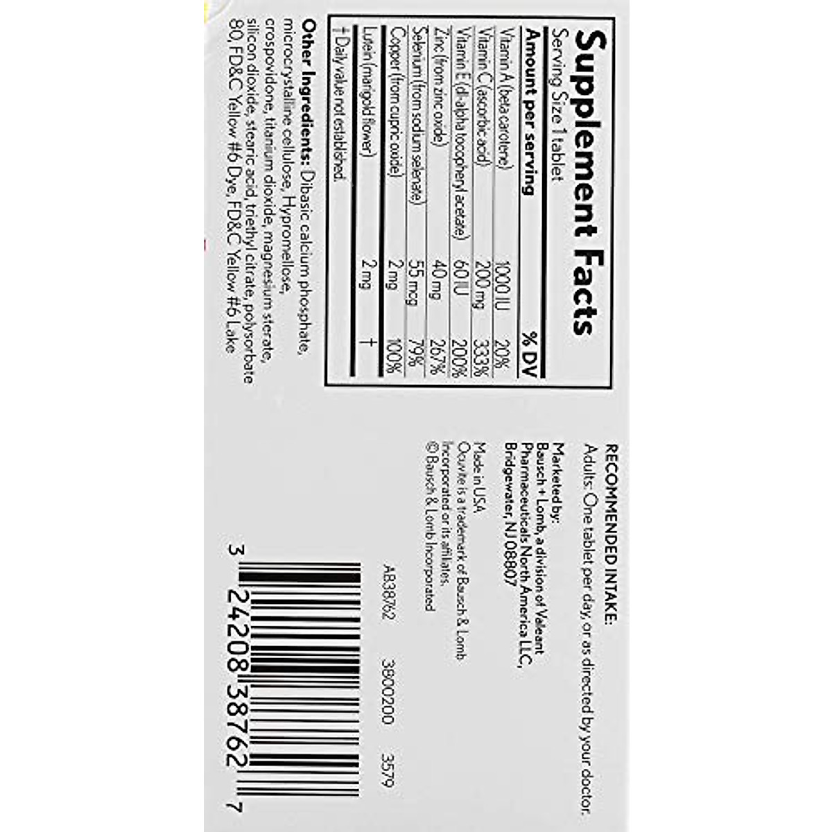 Bausch & Lomb Ocuvite Vitamin and Mineral Supplement for Eyes with Lutein Tablets, 240-Count