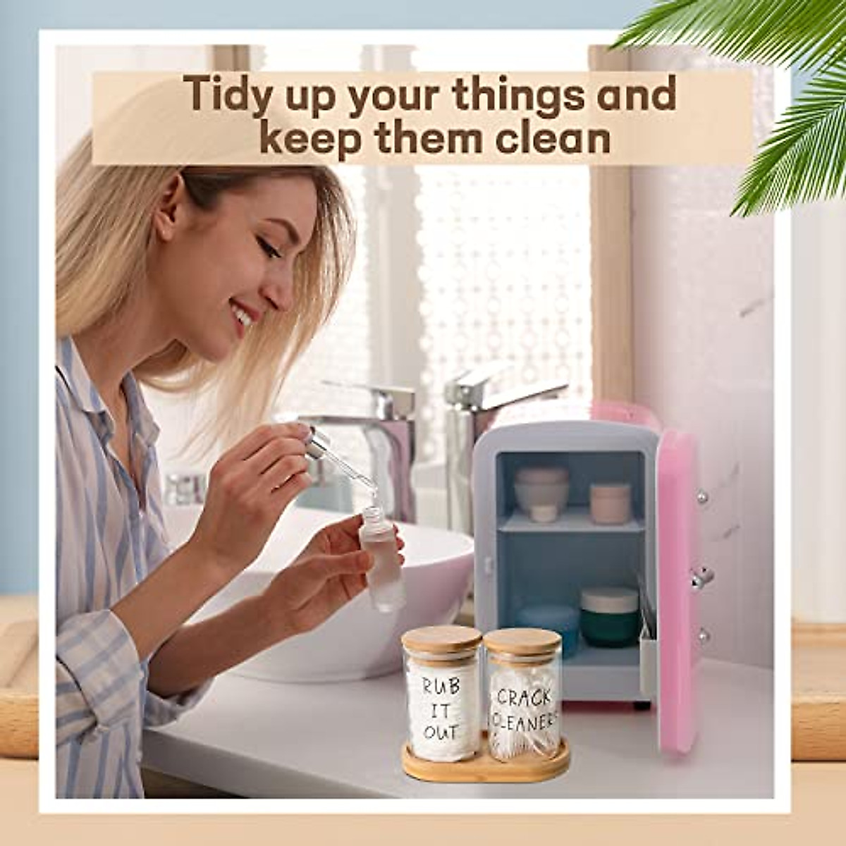 6 Pieces Apothecary Jars with Lids Cotton Swab Holder Bathroom Decor Glass Jars with Bamboo Tray for Cotton Ball Holder Bamboo Vanity Tray Bathroom Canisters for Bathroom Storage Organizer