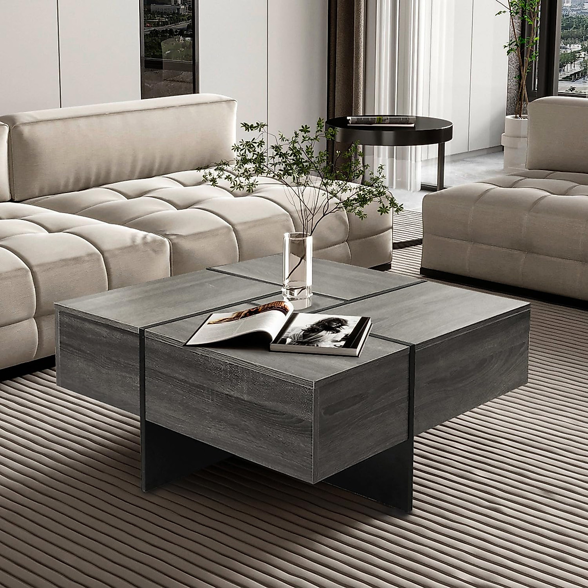 Furnnylane Modern Coffee Table with 4 Drawers,Square Coffee Table with Storage for Living Room,Grey,31.5" D x 31.5" W x 15.7" H