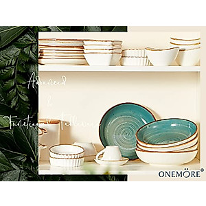 ONEMORE Porcelain Salad Pasta Bowls 30 Ounce, Set of 6 Ceramic Salad Dinner plates Bowls, Shallow & Wide Serving Bowls for Soup, Dessert, Pizza. Microwave & Dishwasher Safe Kitchen Dinnerware, Teal