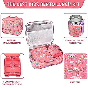 Bento Lunch Box Set With 10oz Soup Thermo, Leak-proof Lunch Containers with 4 Compartment, Kids Hot Thermo Food Jar/Insulation Lunch Bag, Food Containers for School（Mermaid）