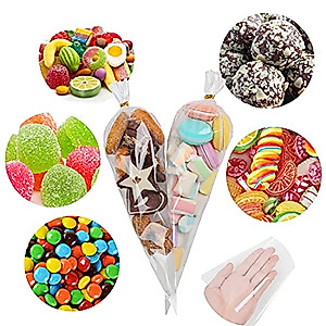 LOMIMOS 6X12in Clear Triangle Cellophane Bag,Cone Shaped Treat Cello Goody Bag with Twist Ties for Handmade Bakery Popcorn Cookie Dessert,100pcs