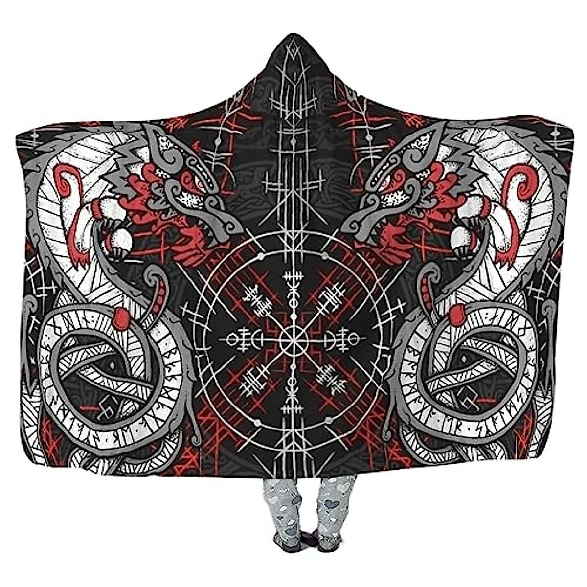 Viking 3D Printing Hooded Blanket Keeps Warm And Soft Vegvisir Viking Dragon Unisex Winter Wearable Hooded Blanket Double Layer Thick Plush Wool Blanket ( Color : Blanket , Size : 80x60in/150x200cm )