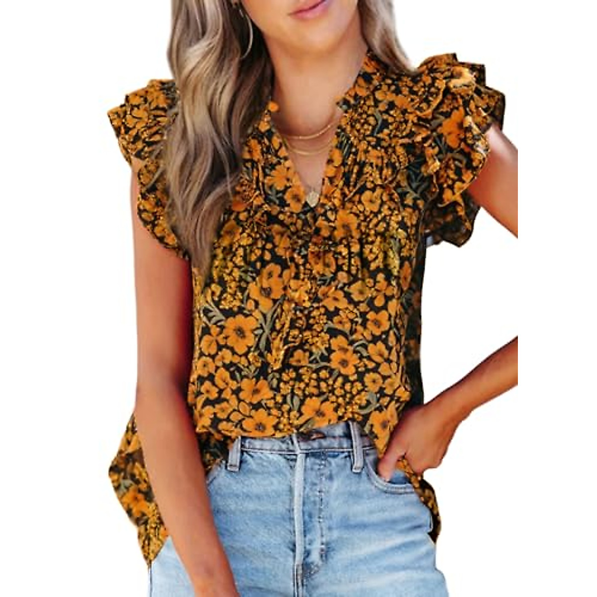 SHEWIN Womens Blouses Dressy Casual Sexy V Neck Short Sleeve Business Casual Tops for Women Ladies Tops and Blouses Yellow Large