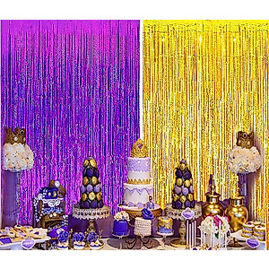 Graduation Decorations Purple Gold Black 2024/Birthday Decorations Purple Gold for Women/Foil Fringe Curtains Foil Curtains for Eid Mubarak Decorations/2024 Graduation Party Decorations