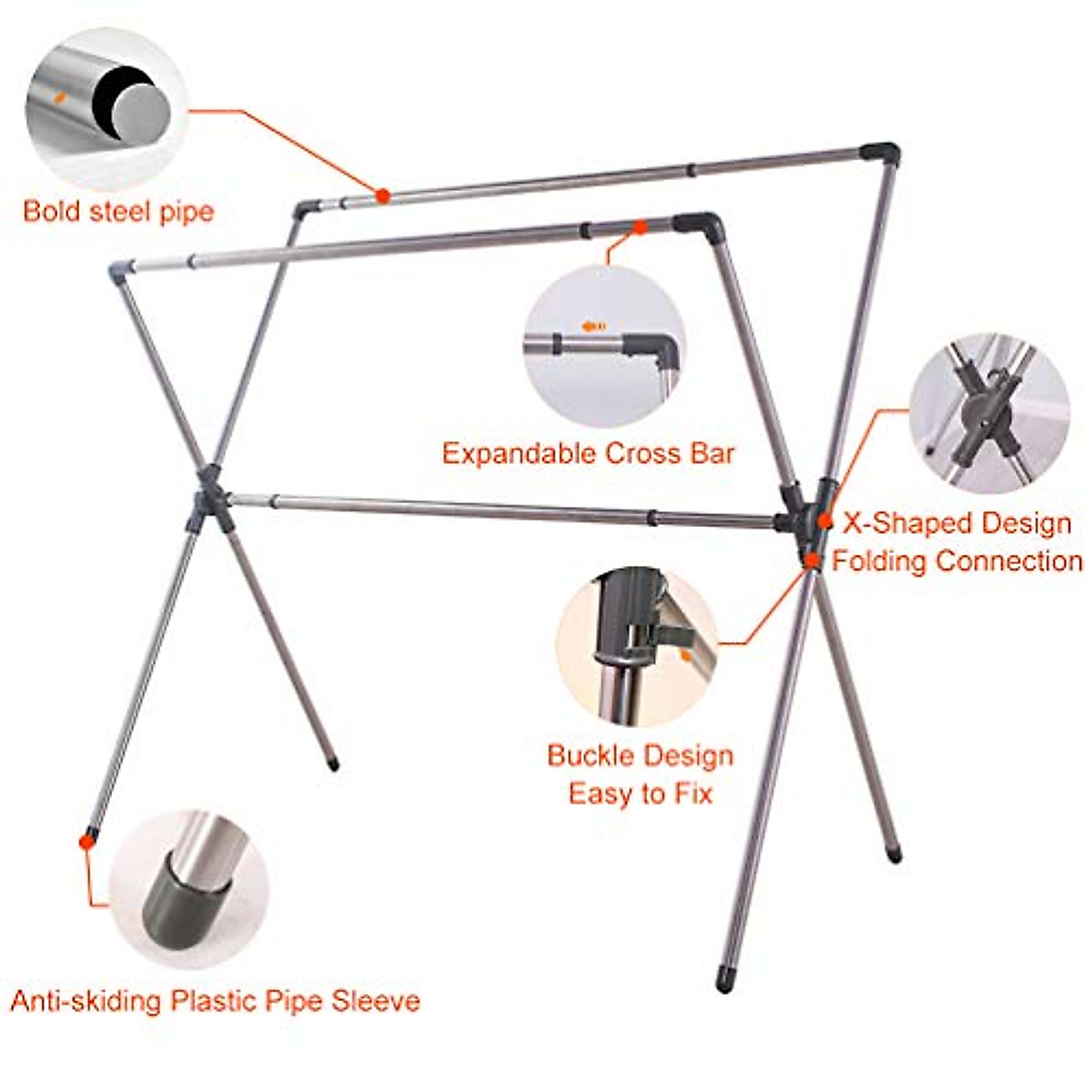 BAOYOUNI Double Poles Folding Clothes Drying Rack Stainless Steel Expandable Rods Space Saving Retractable Heavy Duty Garment Hanger Rail 37'' to 66'', Grey