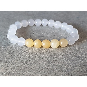 LKBEADS Natural White Agate & Yellow Jade 8mm rondelle smooth 7inch Semi-Precious Gemstones Beaded Bracelets for Men Women Healing Crystal Stretch Beaded Bracelet Unisex