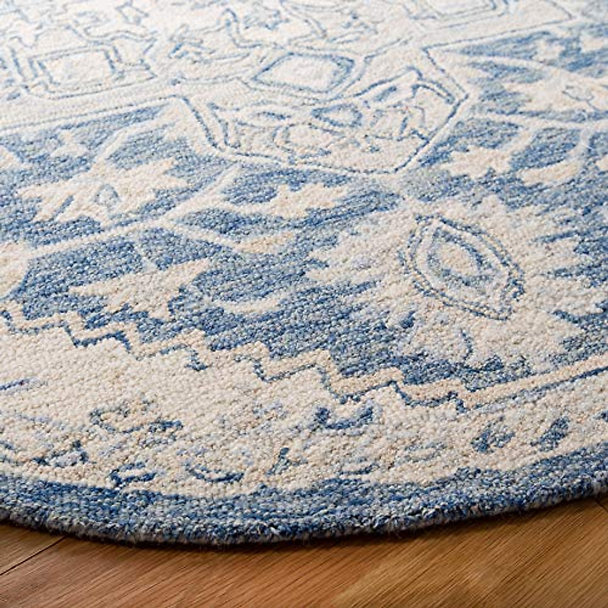 SAFAVIEH Micro-Loop Collection 5' Round Blue/Ivory MLP503M Handmade Shabby Chic Medallion Premium Wool Area Rug