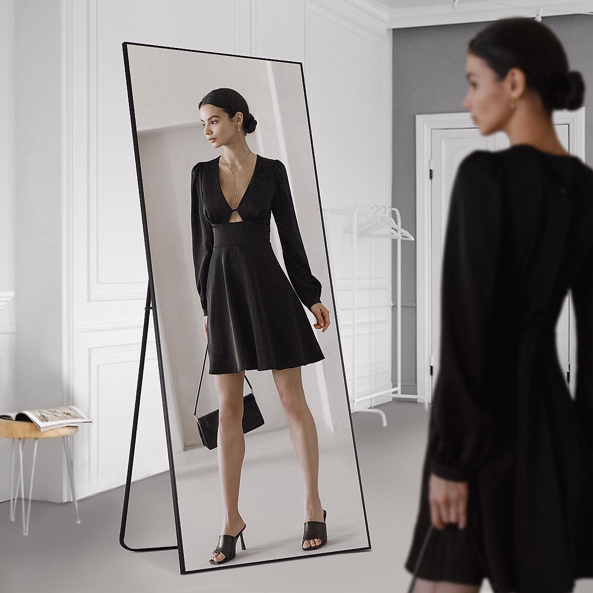 Sweetcrispy Full Length Mirror 64"x21" Full Body Floor Mirror Standing Hanging or Leaning Against Wall, Large Wall Mirror with Stand Aluminum Alloy Thin Frame for Bedroom Cloakroom, Black