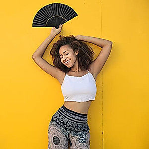 Minelife 2 Pack Bamboo Silk Folding Fan Handheld, Chinese Vintage Retro Fabric Fans, Black Hand Fan for Performance, Dance, Fighting, Wedding, Church, Party & Gift