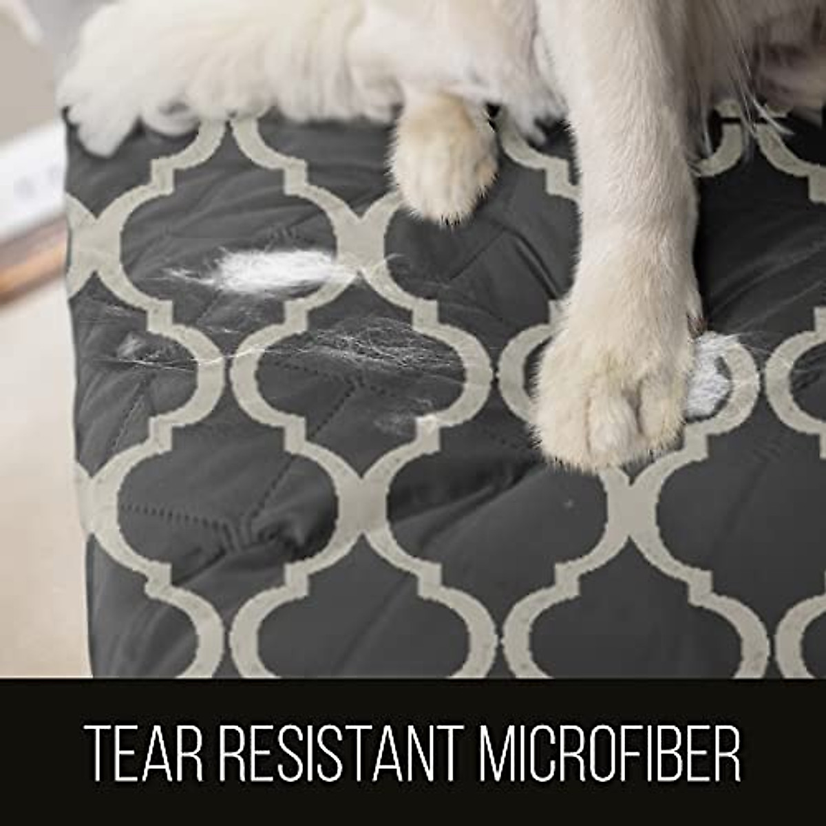 Sofa Shield Couch Slip Cover with Patented Strap, Cushion Protector, Reversible Stain and Dog Tear Resistant Slipcover, Quilted Microfiber 70” Seat Washable Covers, Pet Dogs Quatrefoil Charcoal Linen