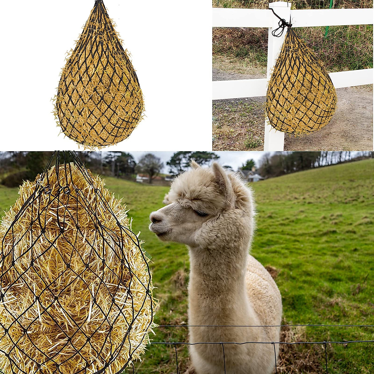 4 Pcs Hay Bags for Horses: 42 inch Long Slow Feed Hay Net for Horses - 2 * 2 inch Holes Mess with Nylon Rope Hanging (Black)