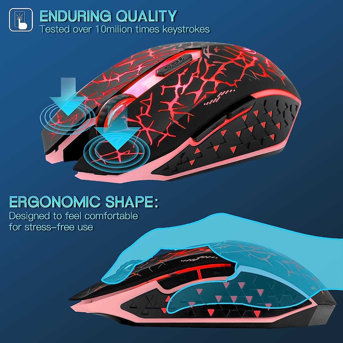 VEGCOO C12 Wireless Gaming Mouse,Rechargeable Mice Silent Click Cordless Mouse with 6 Buttons PC Gaming Mice Advanced Technology with 2.4GHZ Up to 2400DPI for PC Laptop (Red)