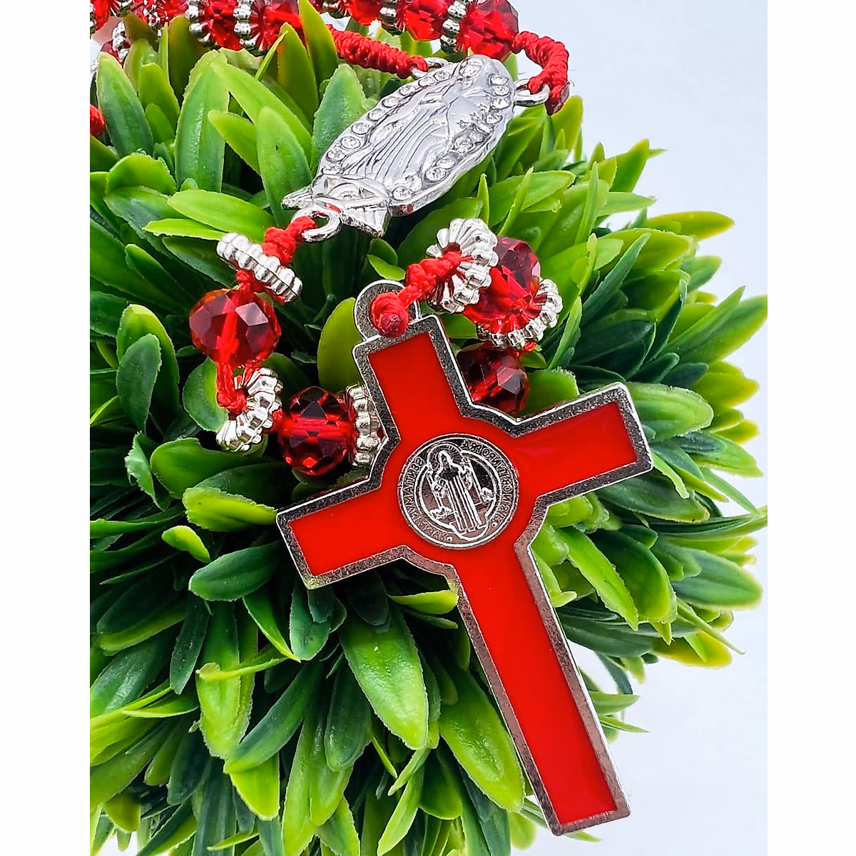 Bead Rosary Necklace with Crucifix and Our Lady of Guadalupe Medal Red Beads Catholic Prayer Rosaries Necklaces Jewelry for Boys Men Gifts Box (Silver)