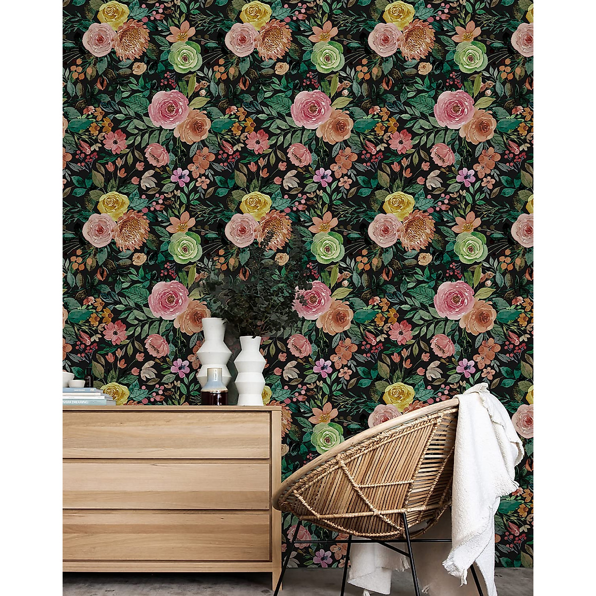 JiffDiff Peel and Stick Wallpaper Dark Floral Wallpaper Floral Wall Mural Peony Nursery Wallpaper for Bedroom(17.7" x 118.11",Black)