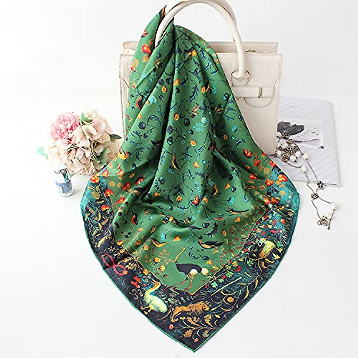 ANDANTINO 100% Pure Mulberry Silk Scarf 43" Large Square Lightweight Headscarf& Shawl–Women Hair Wraps-With Gift Packed (Jade Green-Birds)