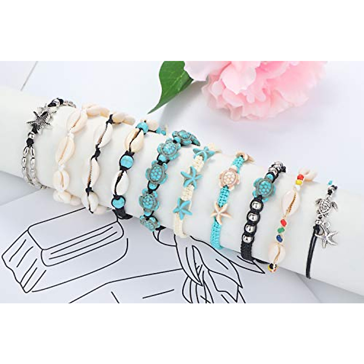 LOYALLOOK 10PCS Shell Turtle Ankle Bracelets Handmade Boho Anklet Jewelry Adjustable Natural Cowrie Shell Beach Bead Anklet for Women