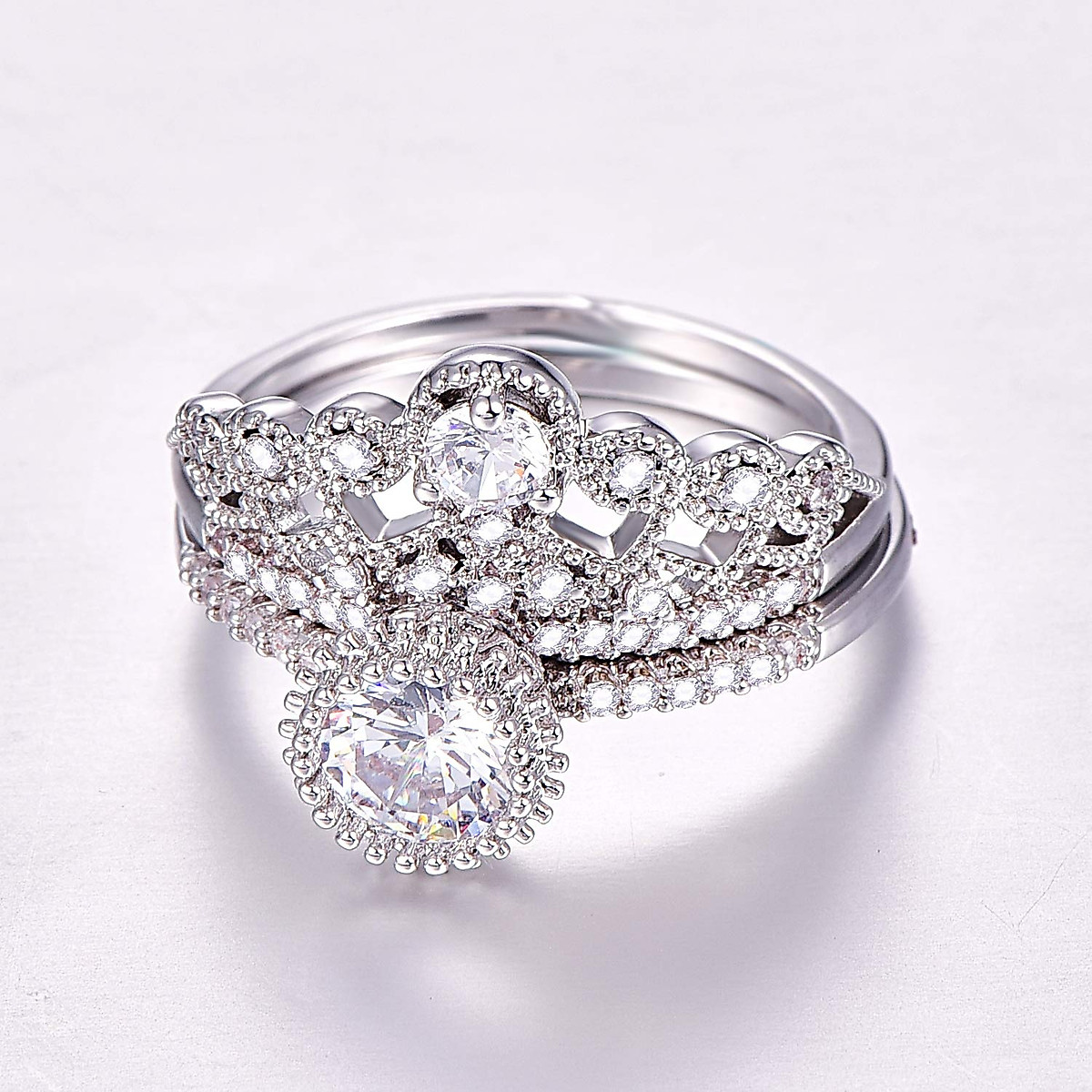 Narica Silver Plated Round Cut Created White Topaz CZ Cubic Zirconia Filled Halo Wedding Engagement Crown Ring 2PCS Women's Band Set for Mom Lover Gift 8#