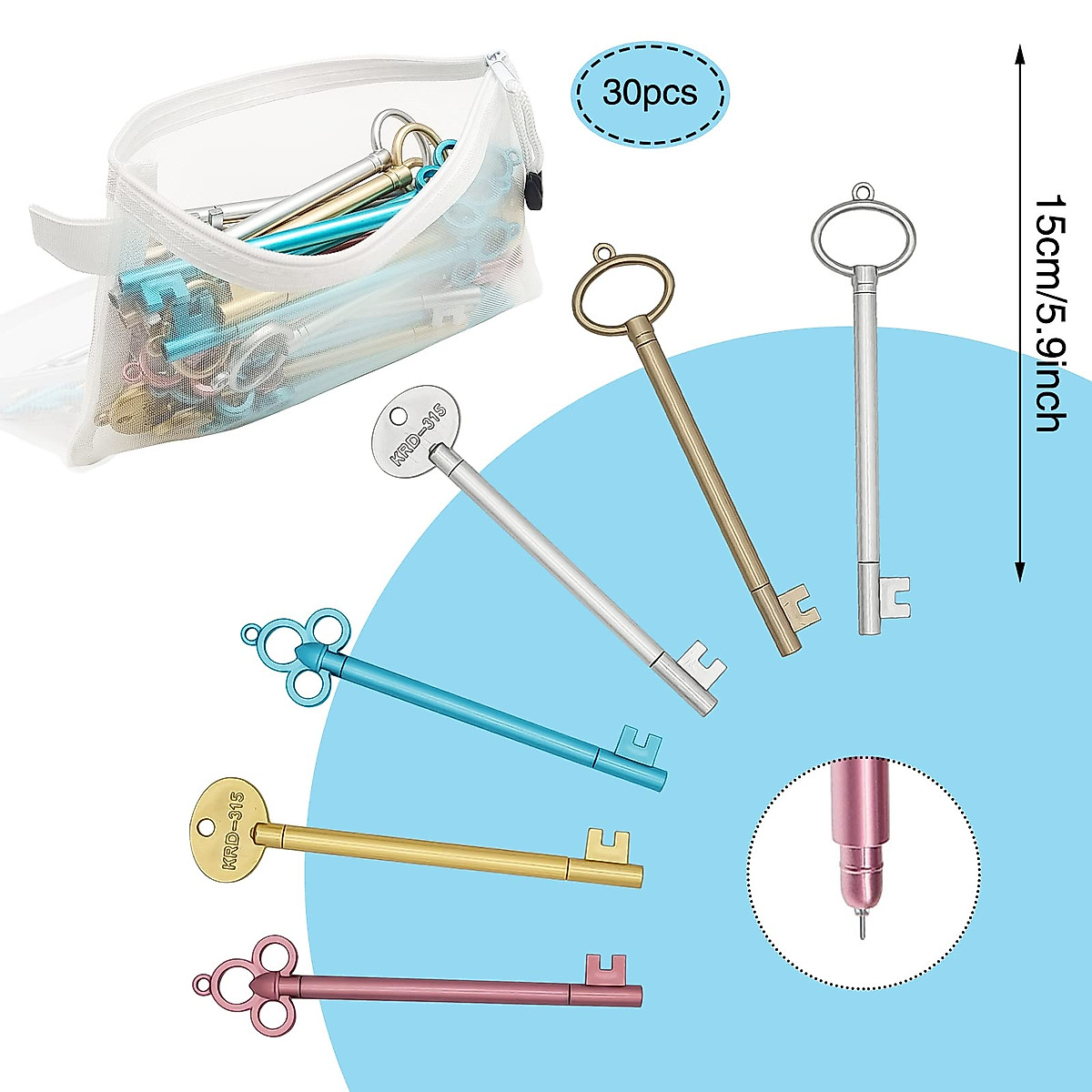 30 Pieces Cute Key Shape Pen Vintage Key Gel Ink Pens Mini Fancy Novelty Pens Retro Black Fine Ballpoint Point Pen with Mesh Pencil Bag Zipper Pouch for Office Stationary School Party Supplies