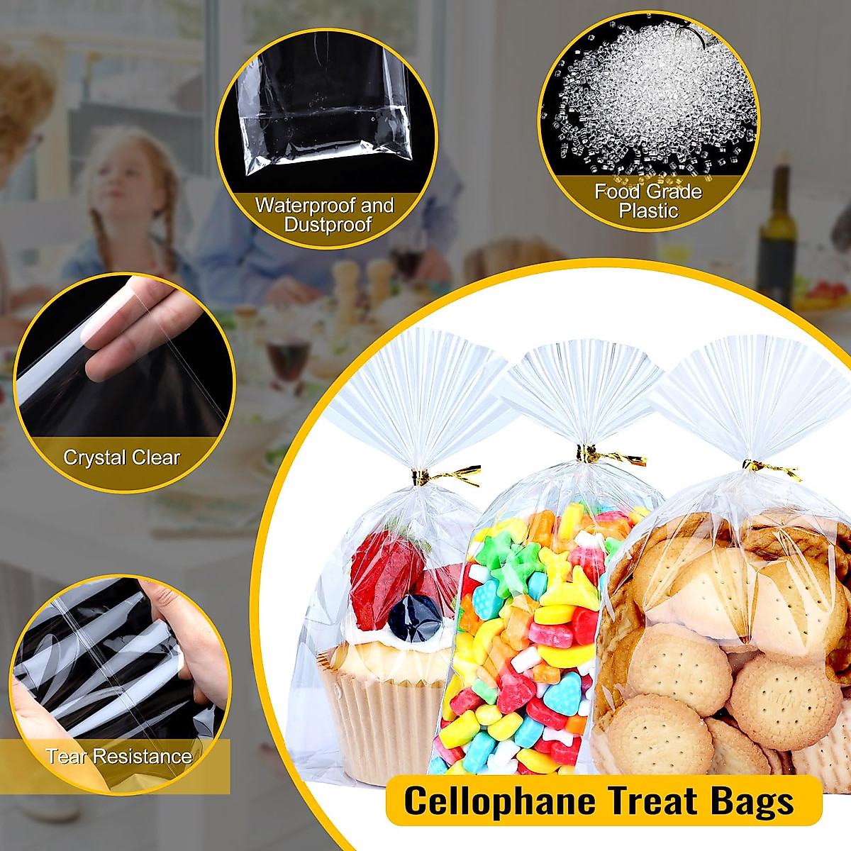 MORIDA 200pcs 5X7 inch Cellophane Bags Cellophane Treat Bags Clear Gift Bags Cake Pop Bags Candy Bags Cello Bags for Party Favors Goodie Favor Bakery Cookie with 5" Twist Ties