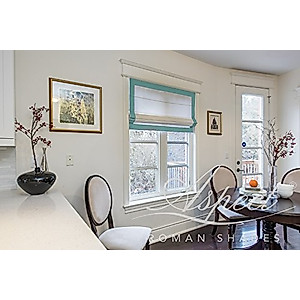 LOGANOVA Flat Roman Shade Chevalle Seafoam. White background with blue green border on four sides and chain mechanism. Custom made.