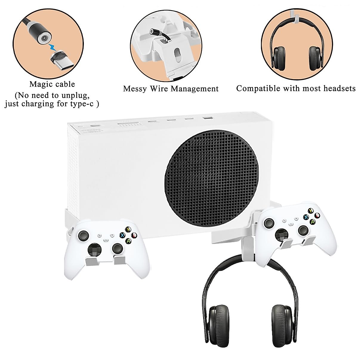 Wabracket Wall Mount Holder Bundle for XBOX Series S/One S/Xbox Series X, Double Controller Bracket with Charging Hole & Earphone Wall Mount, Space Saving Design with Charging Cable(White)