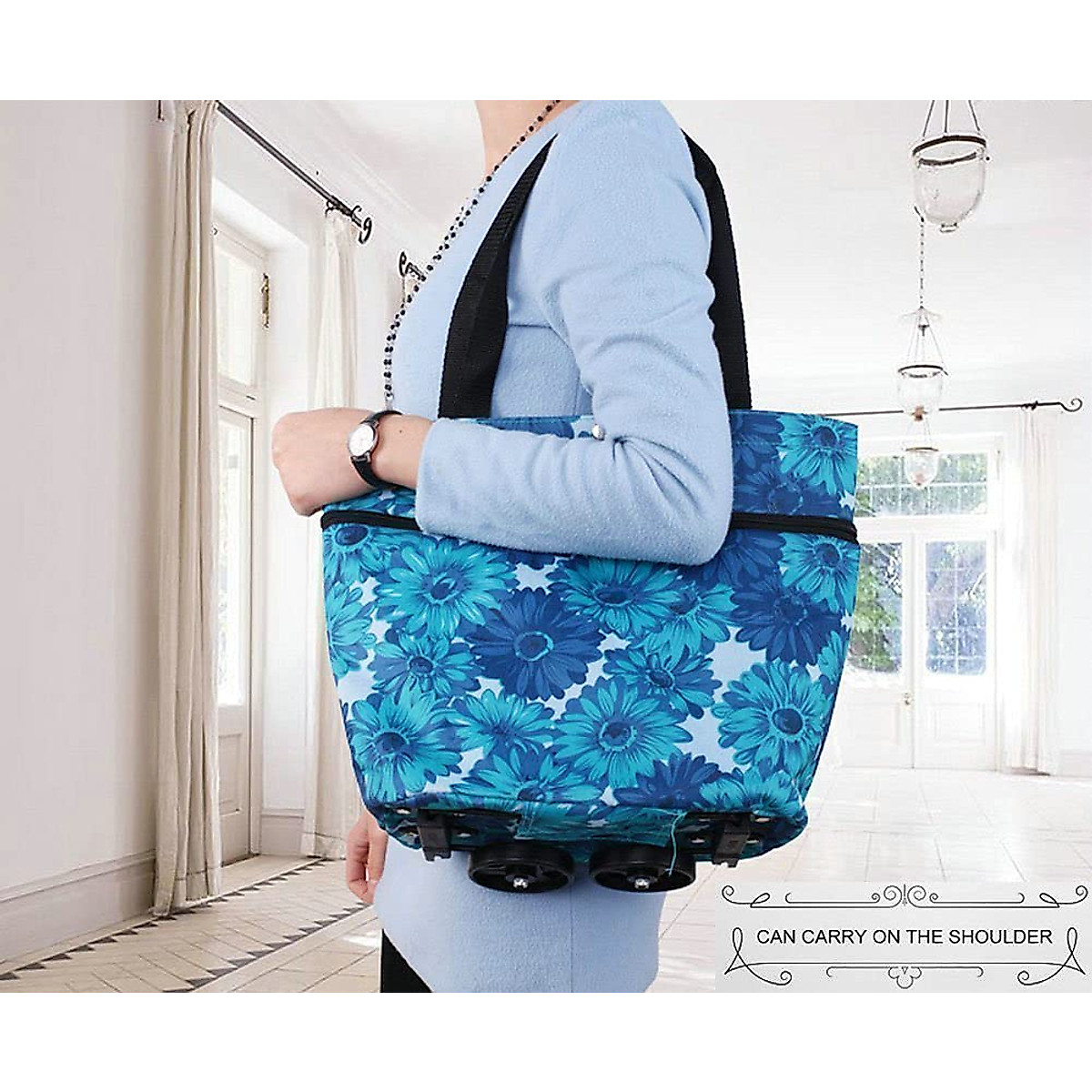 Cowinbest Collapsible Trolley Bags Folding Shopping Bag with Wheels Foldable Shopping Cart Reusable Shopping Bags Grocery Bags Shopping Trolley Bag on Wheels(Blue) Large