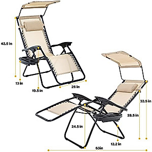 FDW 2 PCS Zero Gravity Chair Lounge Chairs Patio Chairs with Canopy Cup Holder for Outdoor Patio Seaside (Tan)