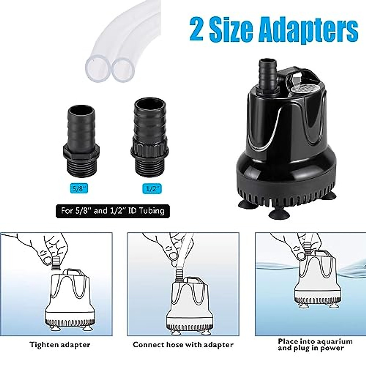 hygger 215 GPH Quick Water Change Aquarium Pump Submersible Fountain Water Pump Fish Tank Pond Drain Transfer Pump with 2 Adaptors Black