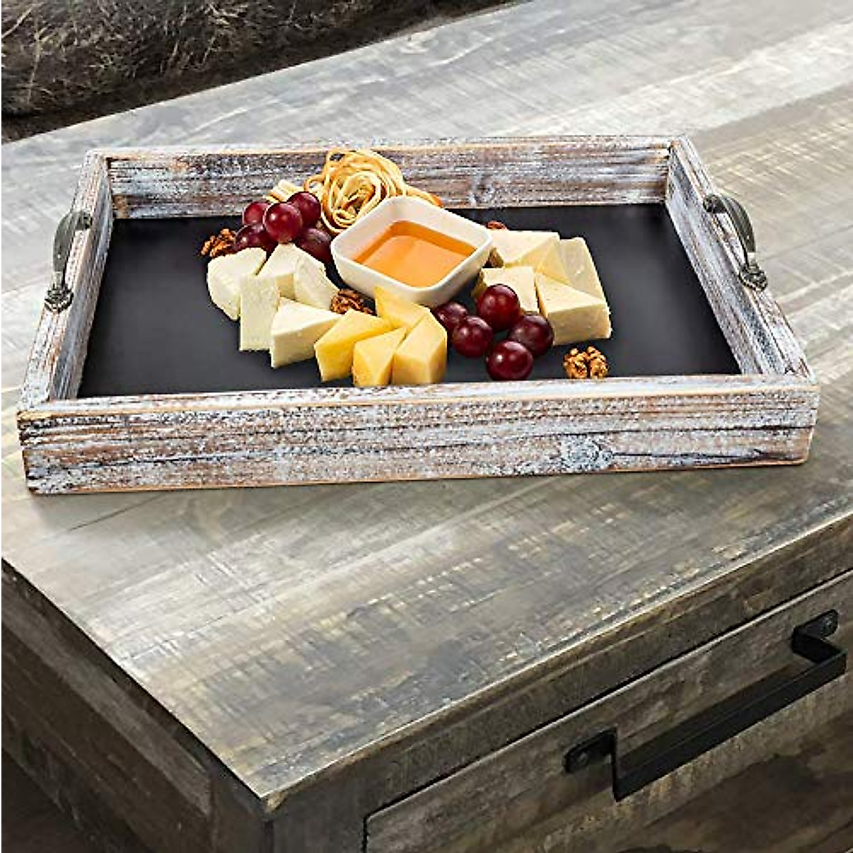 Serving Trays – Rustic Nesting Serving Trays with Chalkboard Surface and Decorative Handles – Charcuterie Tray for Coffee Table – Set of 2 Stackable Wood Serving Trays – Vintage Design