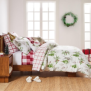 Levtex Home - Sleigh Bells Duvet Cover Set - King Holiday Duvet Cover 106x94 and Two King Pillow Cases 20x36 - Christmas Tree and Reindeer - White Green and Red - Cotton