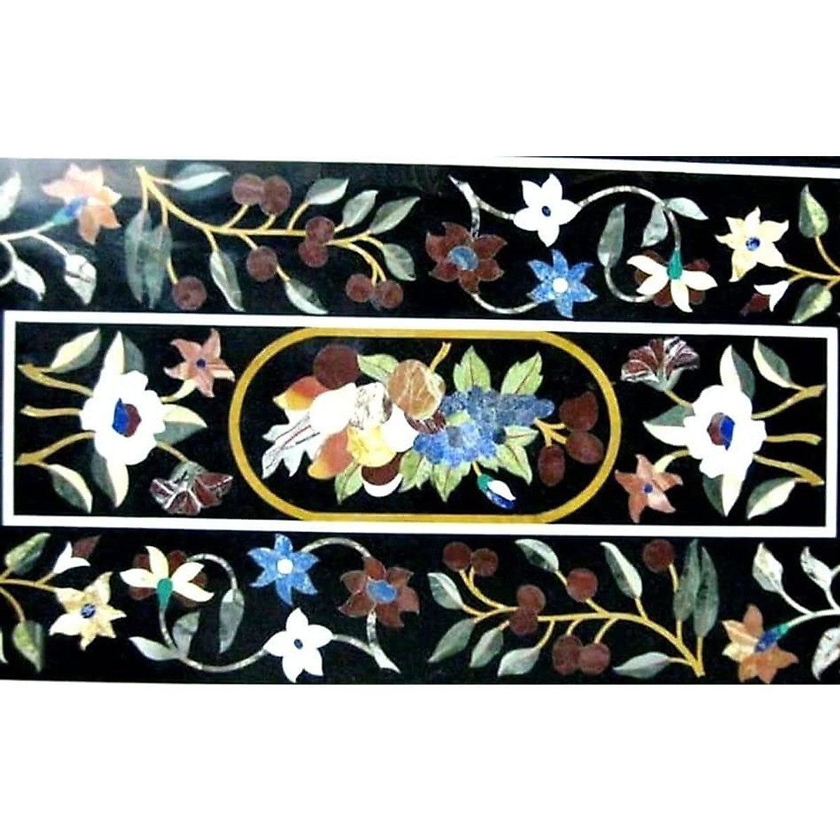 48" x 24" Inch Natural Black Marble Dining Table Pietra Dura Floral Marquetry Patio Table, Outdoor Furniture Table, Italian Style Table