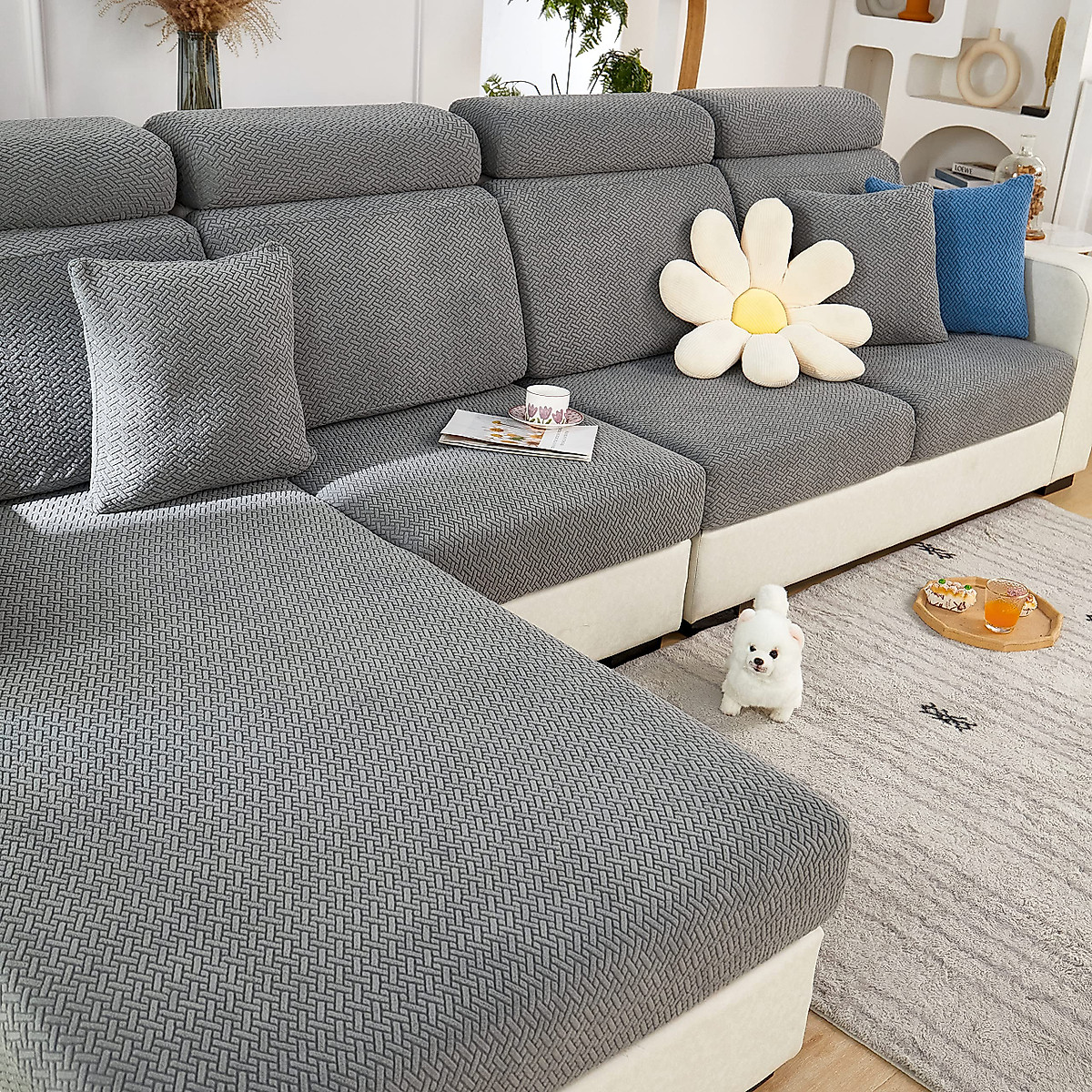 Super 3 Seat Couch Cushion Covers Sectional L Shape Slipcover Elastic Chair Sofa Furniture Protector Cover for Living Room (Length 49-61inch Width 22-35inch, Large Triple Seat Cover) Weave Grey