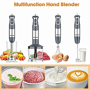 Immersion Hand Blender, FUNAVO 800W 5-in-1 Multi-Function 12 Speed 304 Stainless Steel Stick Blender with Two Mode Adjustable, 600ml Beaker, 500ml Chopping Bowl, Whisk, Milk Frother, BPA-Free