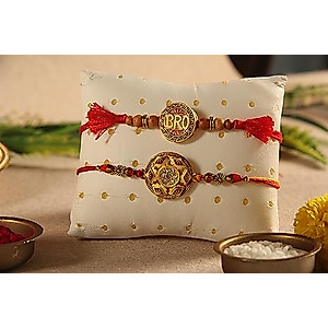 ARTISENIA Rakhi for Brother Set of 2 Rakhi Set | Raksha Bandhan Greeting Card | Roli Chawal Tika - Raksha bandhan Bro Rakhi for Brother Designer Kundan Rakhi | Rakhi for Bhaiya | Rakhi Thread RNJ002